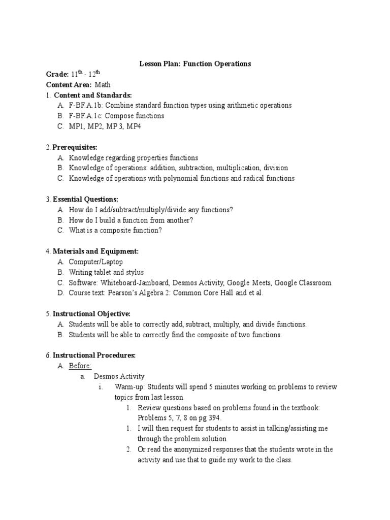 Function Operations Lesson Plan | PDF | Function (Mathematics ...