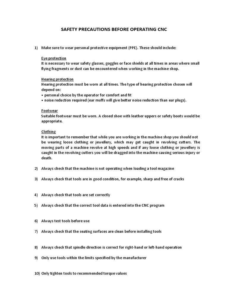 Safety Precautions Before Operating CNC | PDF