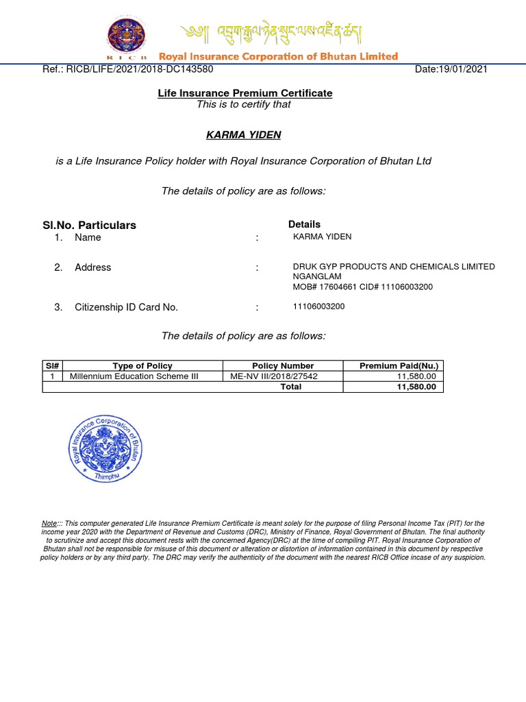 This Is To Certify That: Life Insurance Premium Certificate | PDF ...