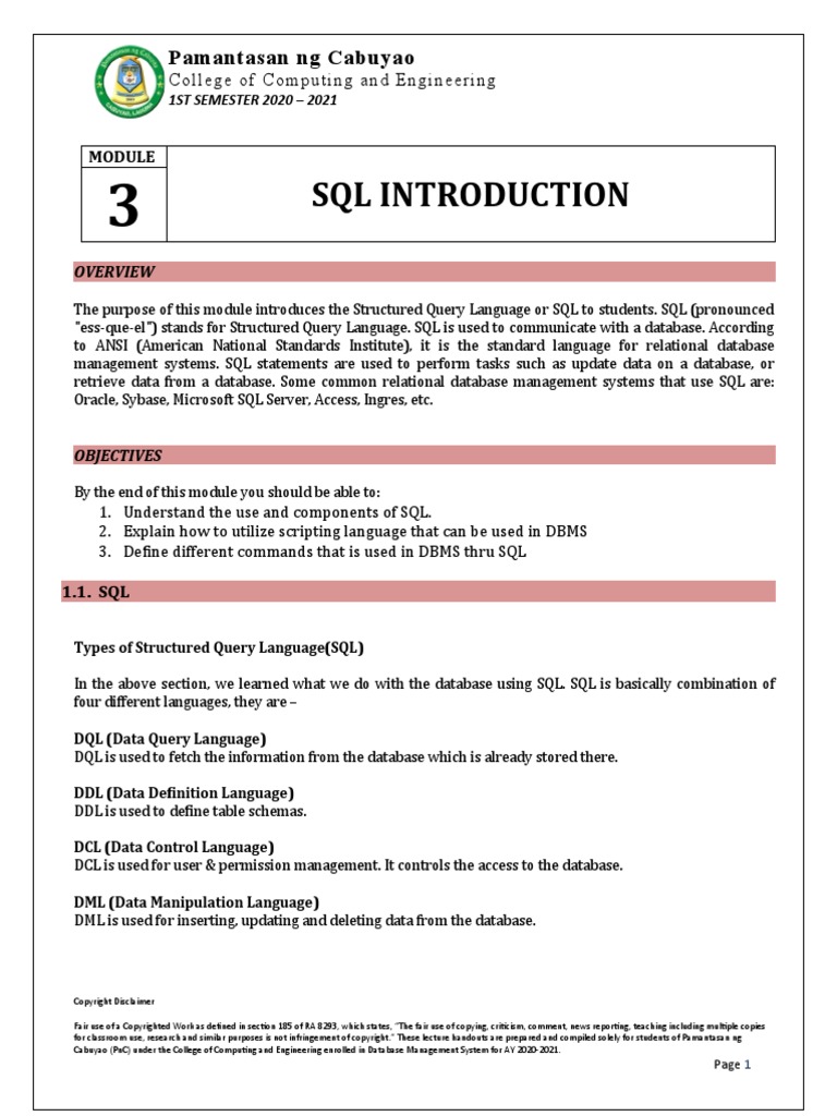 SQL Introduction: Pamantasan NG Cabuyao | PDF | Sql | Relational Database