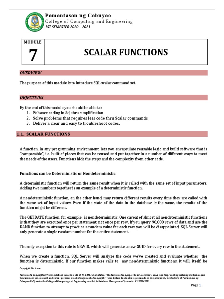 Scalar Functions: Pamantasan NG Cabuyao | PDF | Subroutine | Microsoft ...