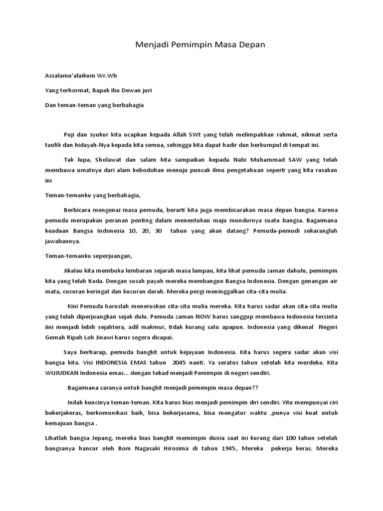 Teks Lomba Pidato ... Menjadi Pemimpin Masa Depan | PDF