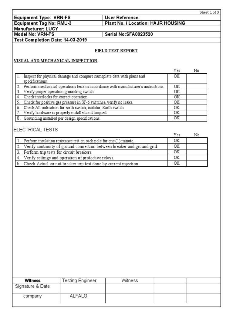 RMU Test Report | PDF | Switch | Electrical Equipment