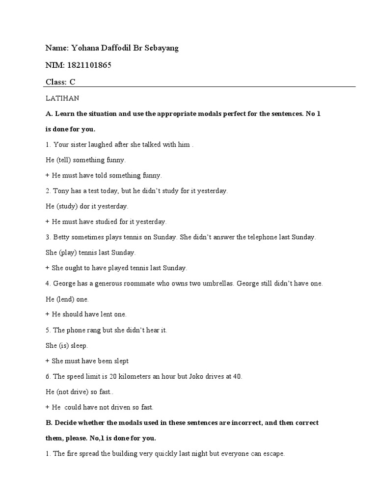 Exercises Modal & Modal Perfect | PDF