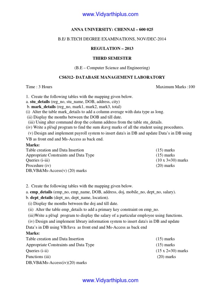 Anna University: Chennai - 600 025 | PDF | Sql | Table (Database)