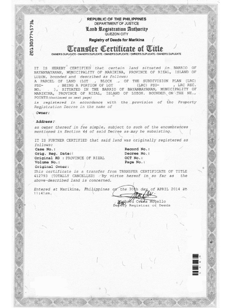 Transfer Certificate of Title Sample The Real Estate Group Philippines2 ...