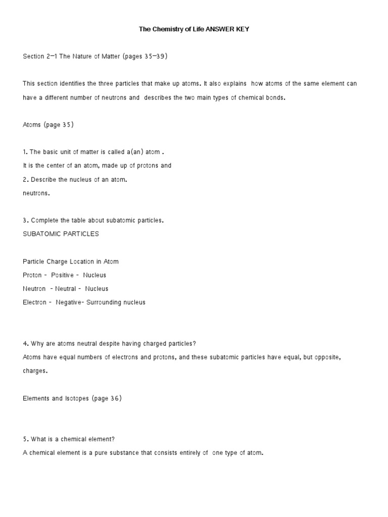The Chemistry of Life ANSWER KEY | PDF | Chemical Bond | Solution