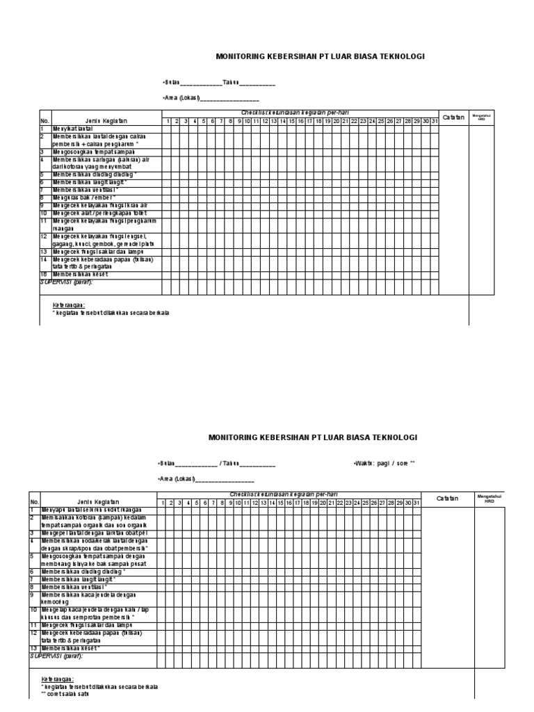 Checklist Monitoring Kebersihan | PDF