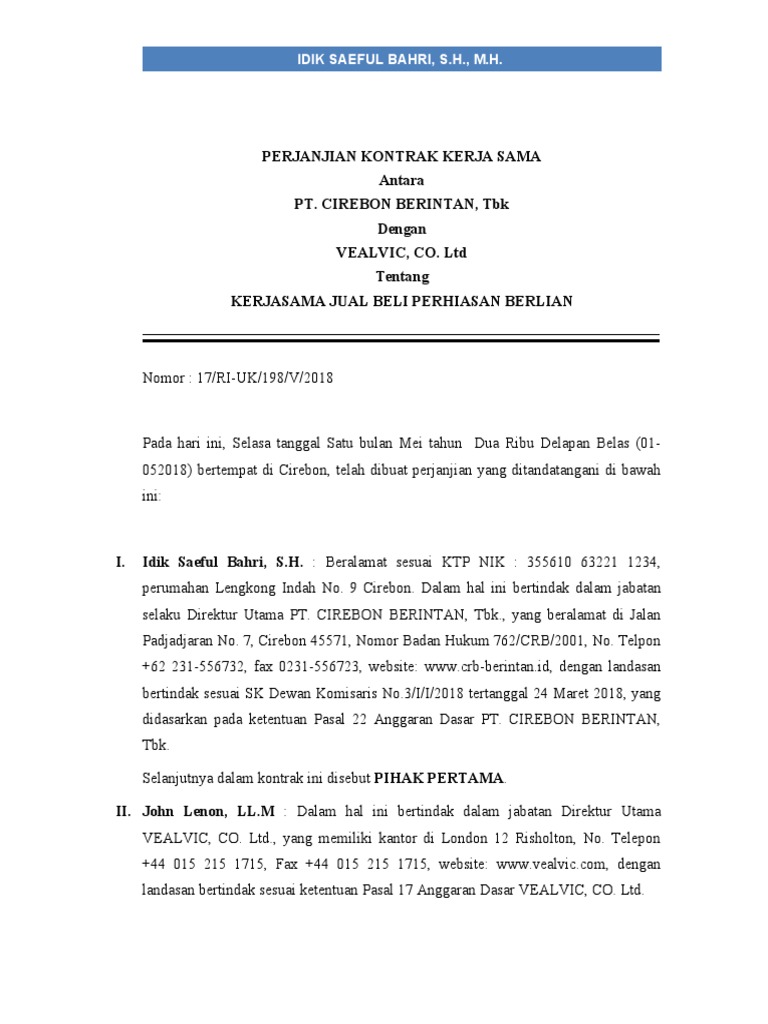 PERJANJIAN KONTRAK KERJA SAMA - Antara - PT (Contoh) | PDF