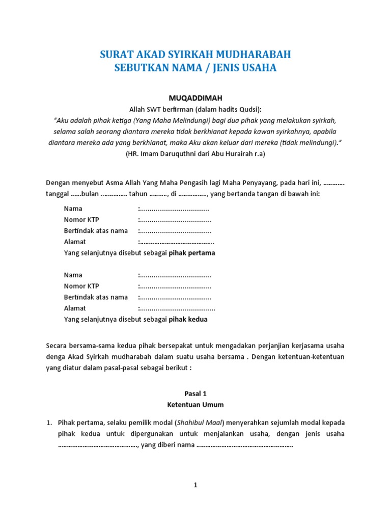 Surat Akad Syirkah Mudharabah | PDF | Hukum