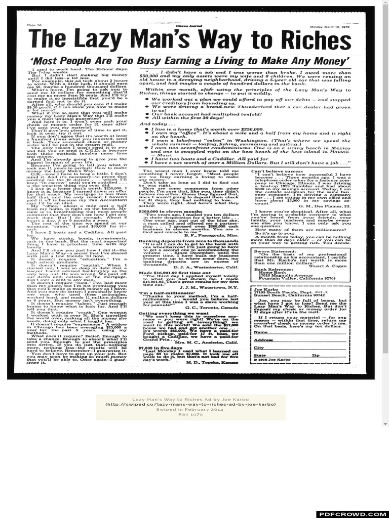 Lazy Man's Way To Riches Ad by Joe Karbo (1979) | PDF