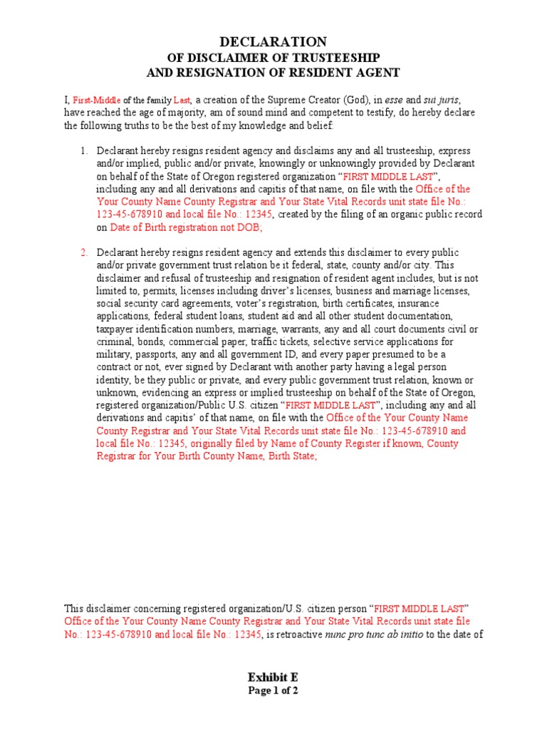 11-Declaration Disclaimer of TRUSTEESHIP and Resignation of Registered ...