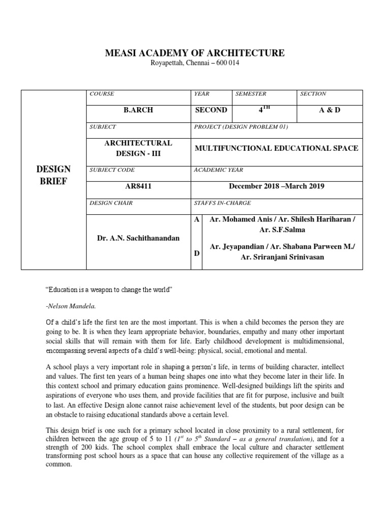 School Design Brief Sem IV | PDF | Design | Learning