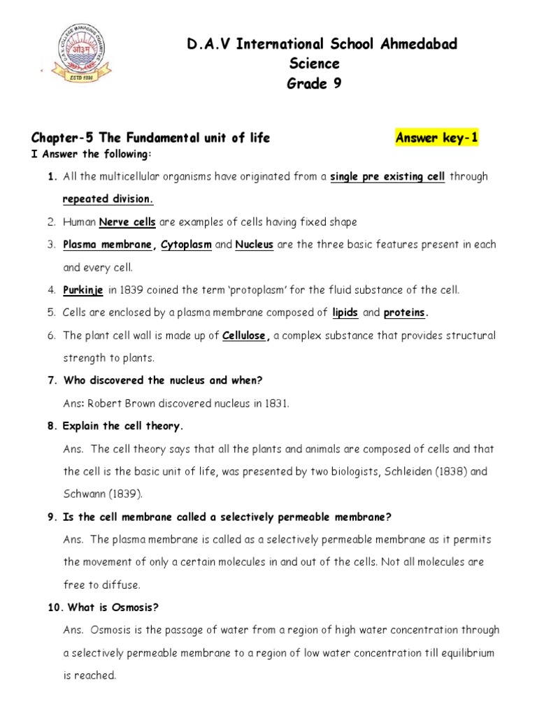 Class 9 Sci CH 5 Assign 1 Answer Key | PDF | Osmosis | Cell (Biology)
