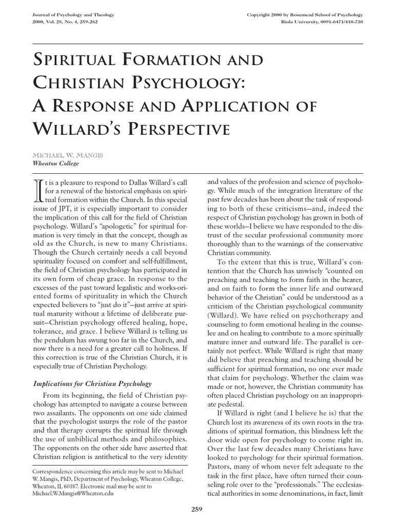 Spiritual Formation and Christian Psychology: A Response and ...