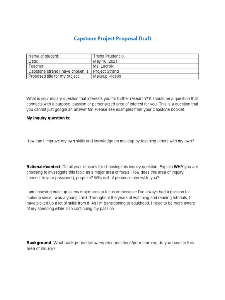 Capstone Project Proposal Draft: My Inquiry Question Is | PDF ...