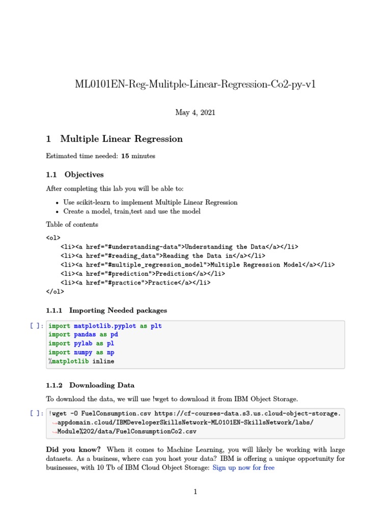ML0101EN Reg Mulitple Linear Regression Co2 Py v1 | PDF | Ordinary Least Squares | Regression ...