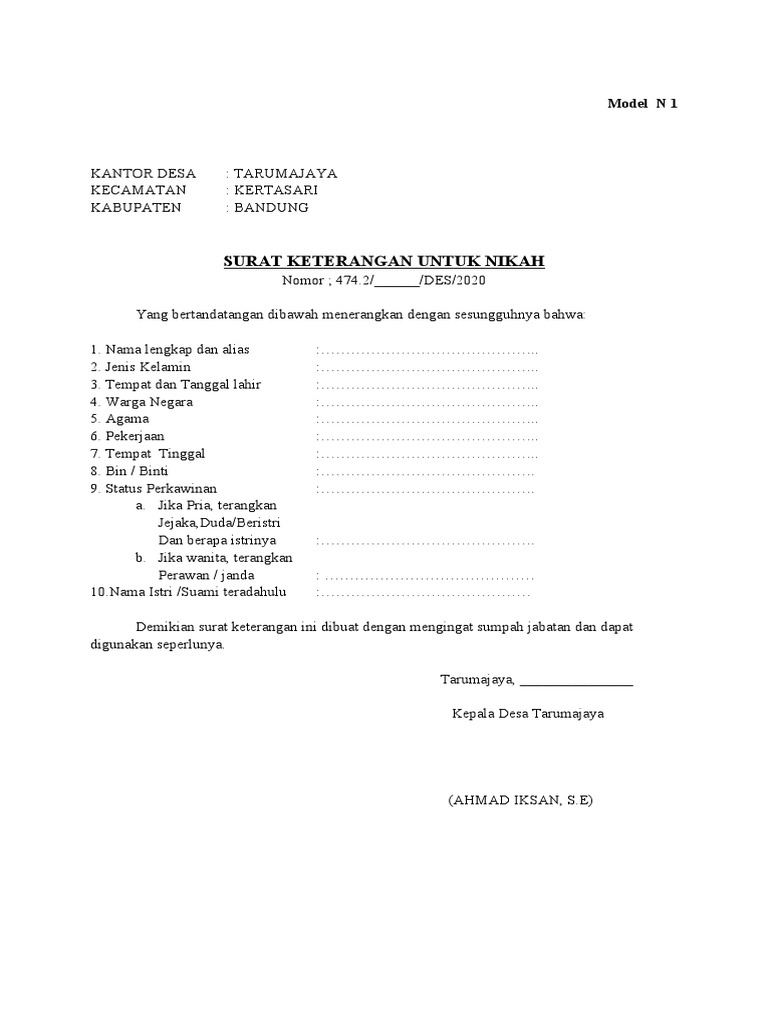 Surat Keterangan Untuk Nikah: Model N 1 | PDF | Olahraga & Rekreasi ...