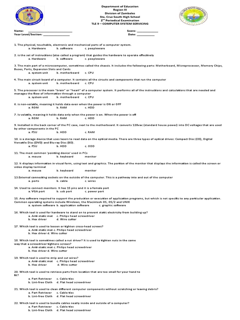 TLE 9 - Exam | PDF | Computer Hardware | Random Access Memory