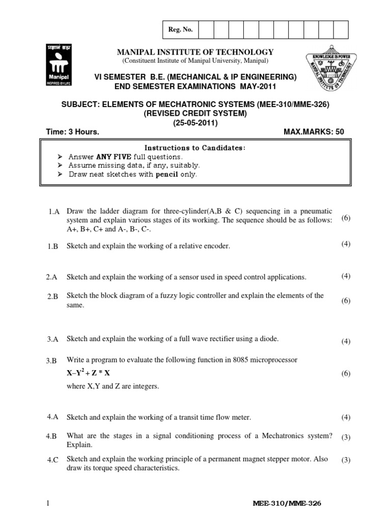 Elements of Mechatronic Systems (MEE 310 - MME 326) RCS | PDF ...