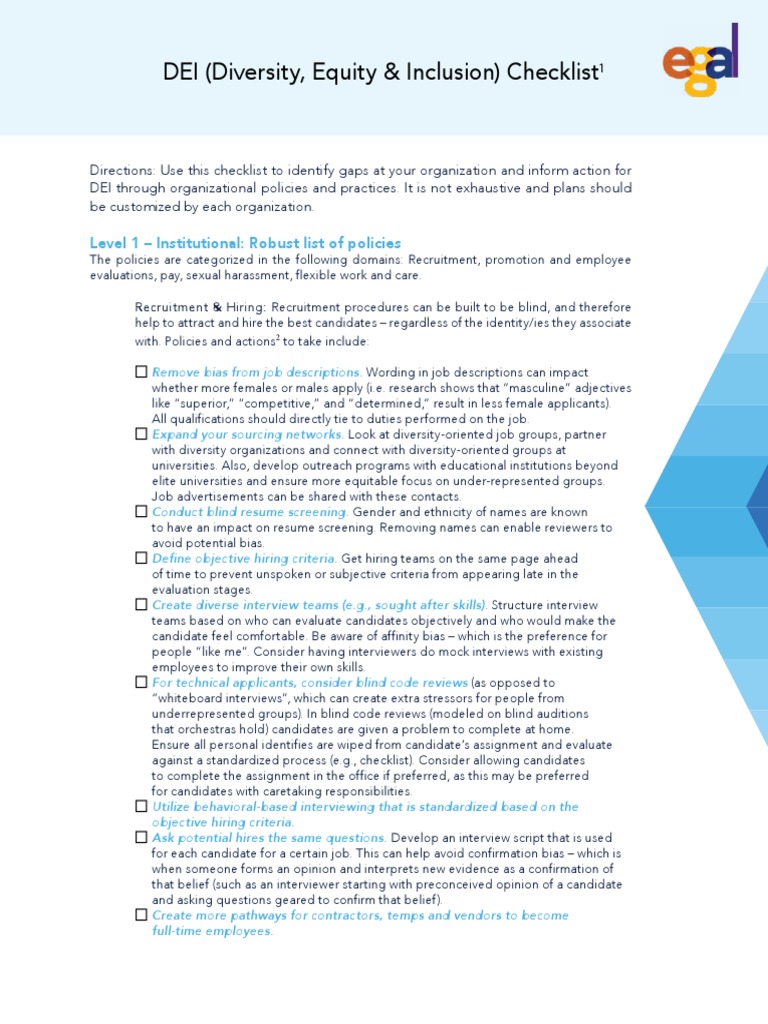 DEI Checklist for Organizational Equity | PDF | Sexual Harassment | Salary