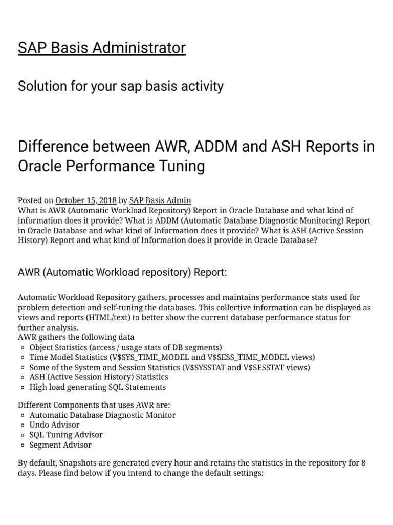 Awr, Addm - Ash | PDF | Relational Database | Databases