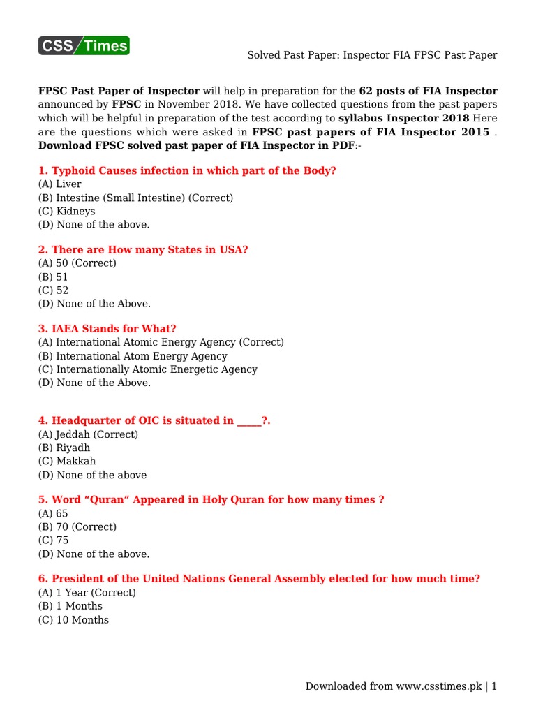 Solved Past Paper Inspector FIA FPSC Past Paper | PDF | Sodium ...