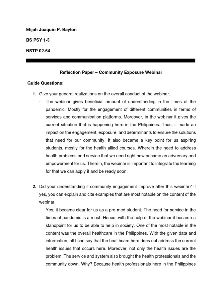 Reflection Paper - Community Exposure Webinar | Download Free PDF ...