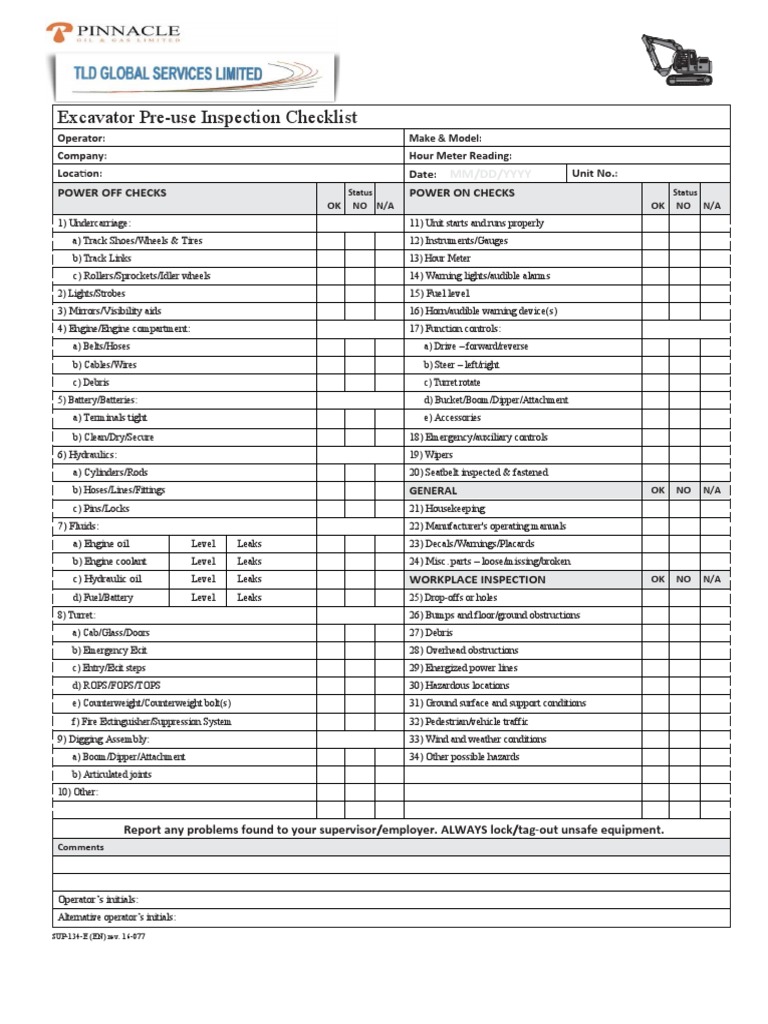 Excavator Pre-Use Inspection Checklist | PDF | Motor Vehicle | Land ...