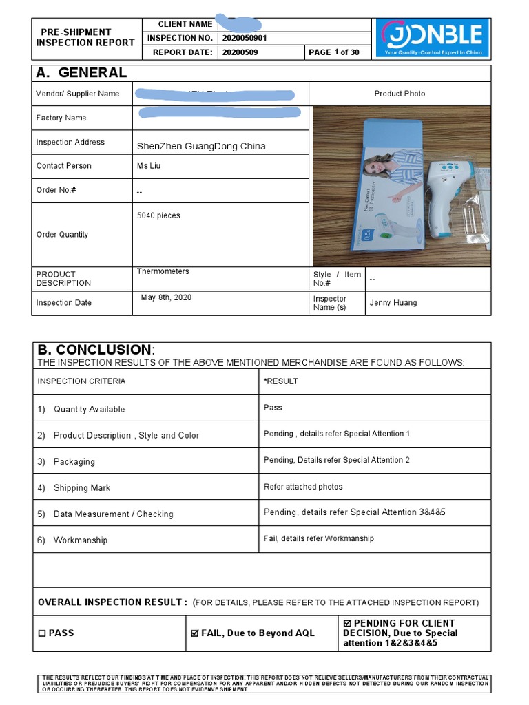 Report Sample - Pre-Shipment Inspection-Thermometer | PDF | Celsius ...