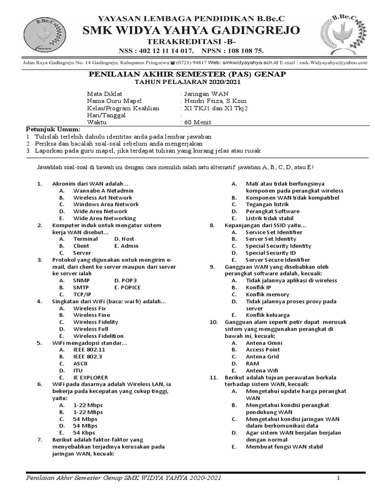 Soal Pas Genap Wan 2020 | PDF