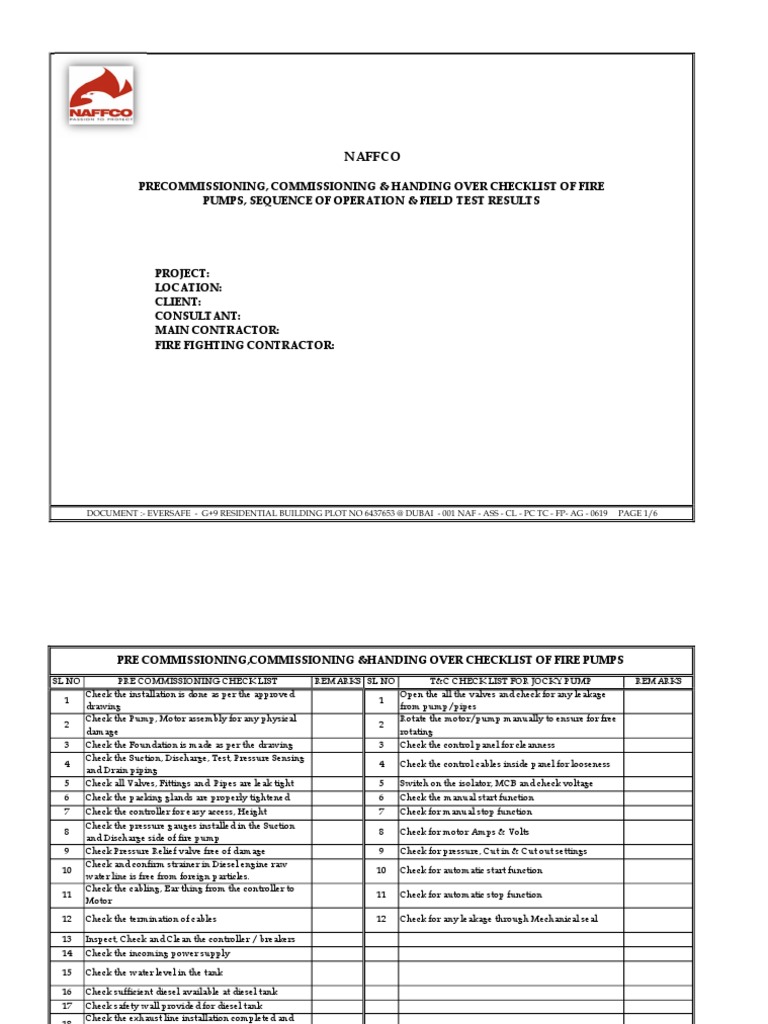 NAFFCO Fire Pump Commissioning Checklist: Pre-Commissioning Checks ...
