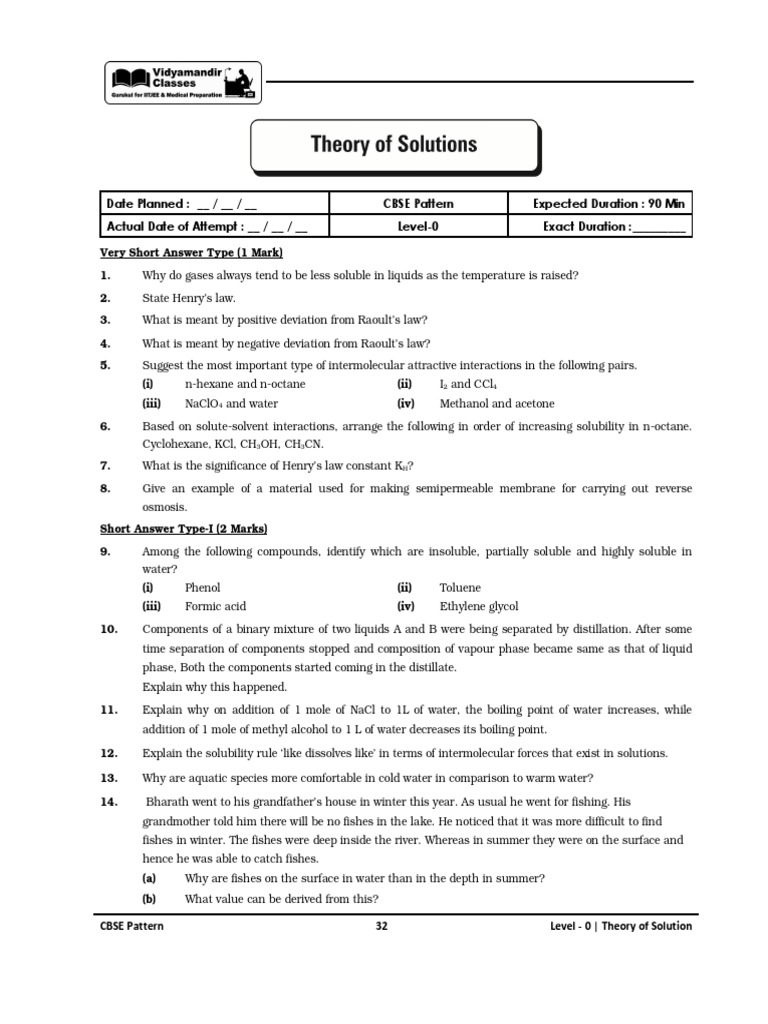 Theory of Solutions Workbook | PDF | Solution | Solubility