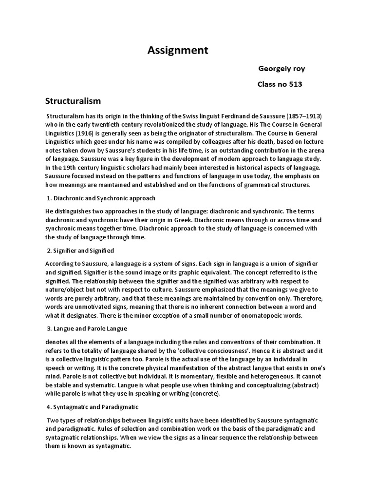 Assignment: Structuralism | PDF | Linguistics | Human Communication
