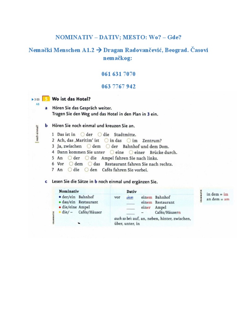 NOMINATIV Dativ - Wo Wohin Woher Präposition / Menschen A1, Schritte ...
