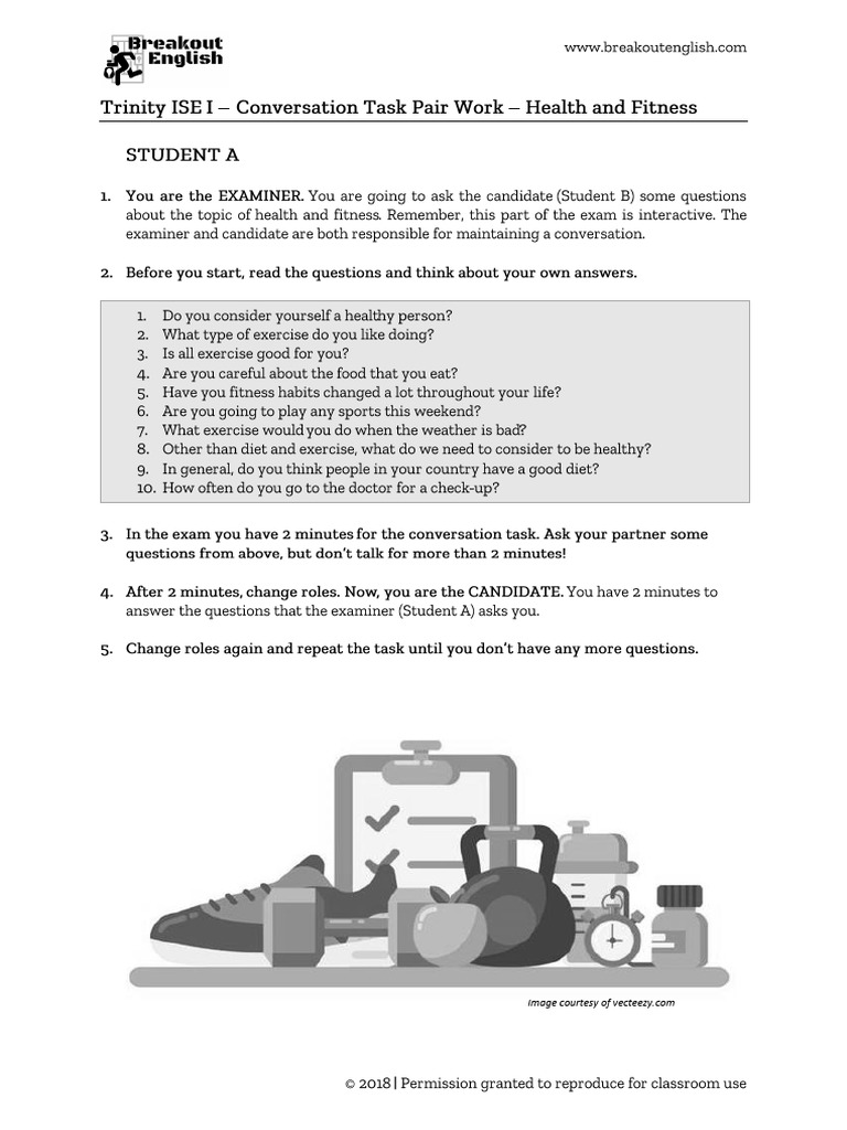 Trinity ISE I Conversation Task Pairwork Health and Fitness | PDF