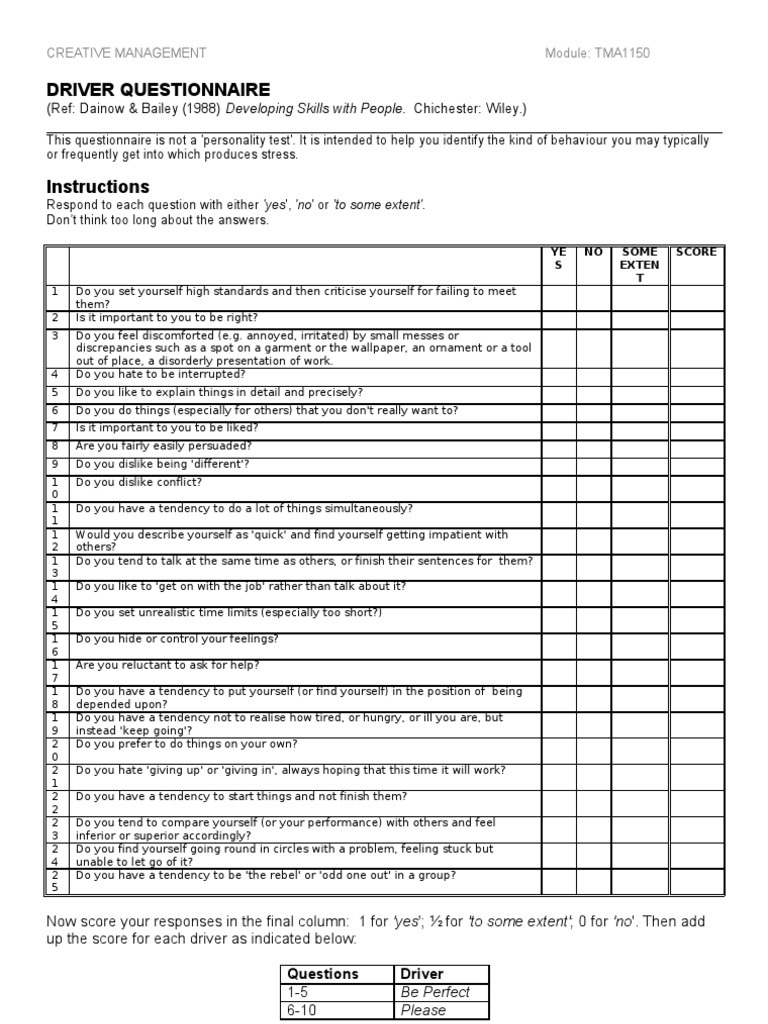 Driver Questionnaire (Dainow & Bailey) | PDF | Action (Philosophy ...