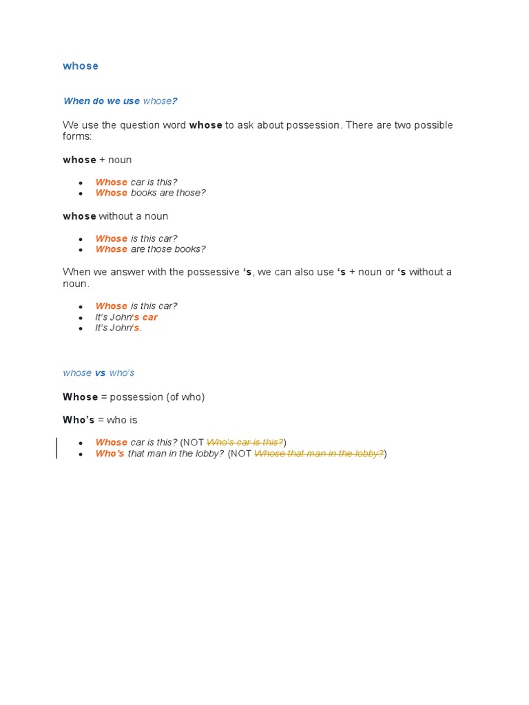 Whose and Possessive 'S | PDF | Noun | Plural