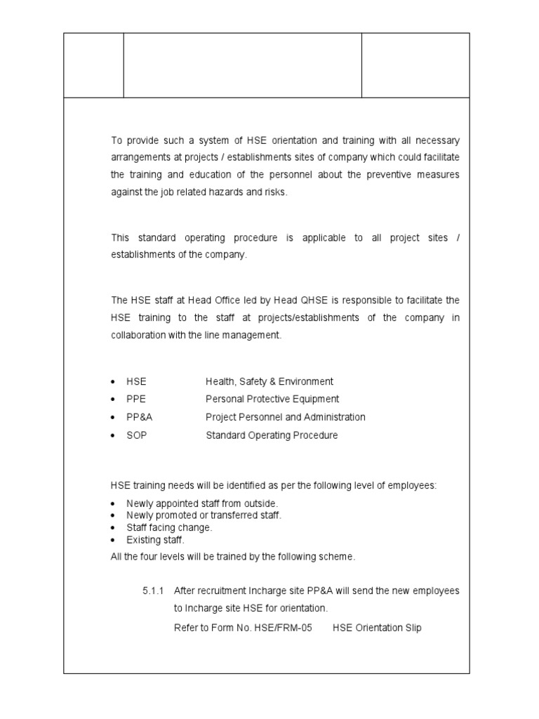 HSE Orientation and Training SOP | PDF | Personal Protective Equipment ...