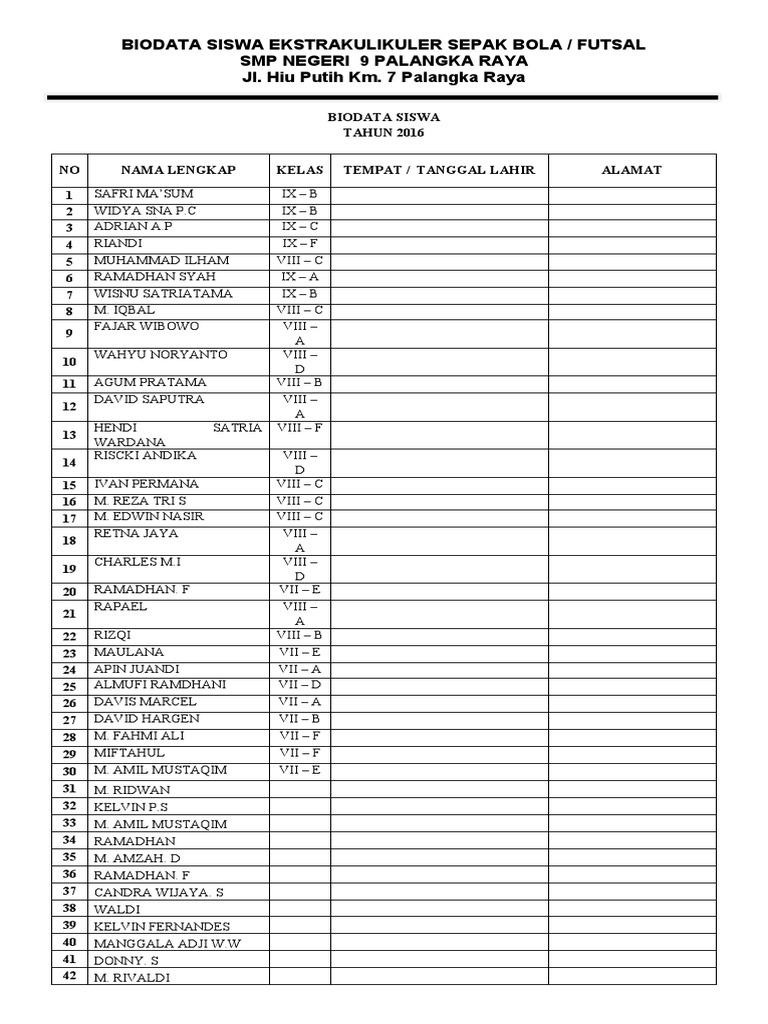 Biodata Sepak Bola SMPN 9 20166666 | PDF | Gaya Hidup