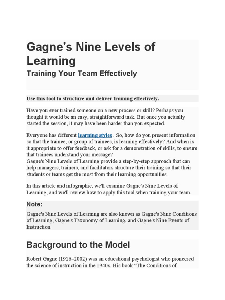 Gagnes Nine Levels of Learning | PDF | Learning Styles | Recall (Memory)