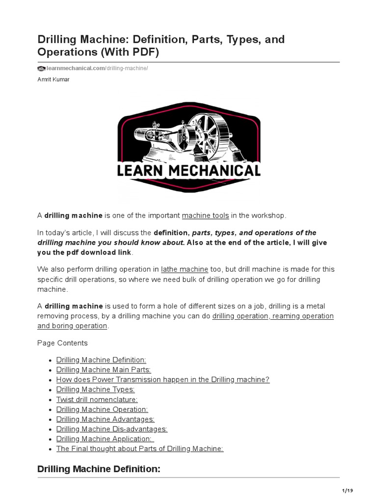 Drilling Machine: Definition, Parts, Types, and Operations (With PDF | PDF