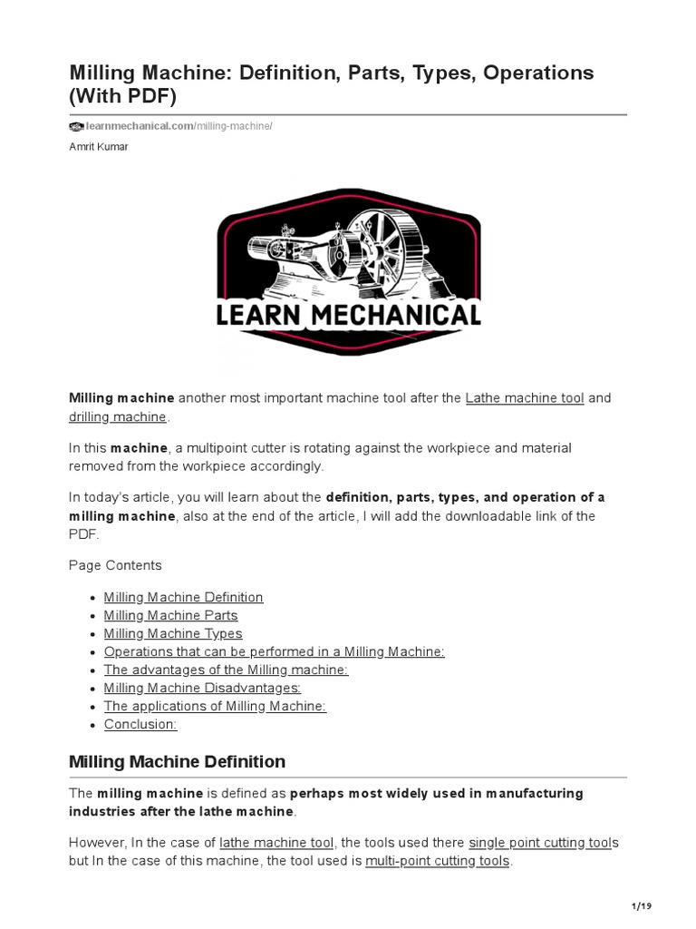 Milling Machine Definition Parts Types Operations With | PDF ...