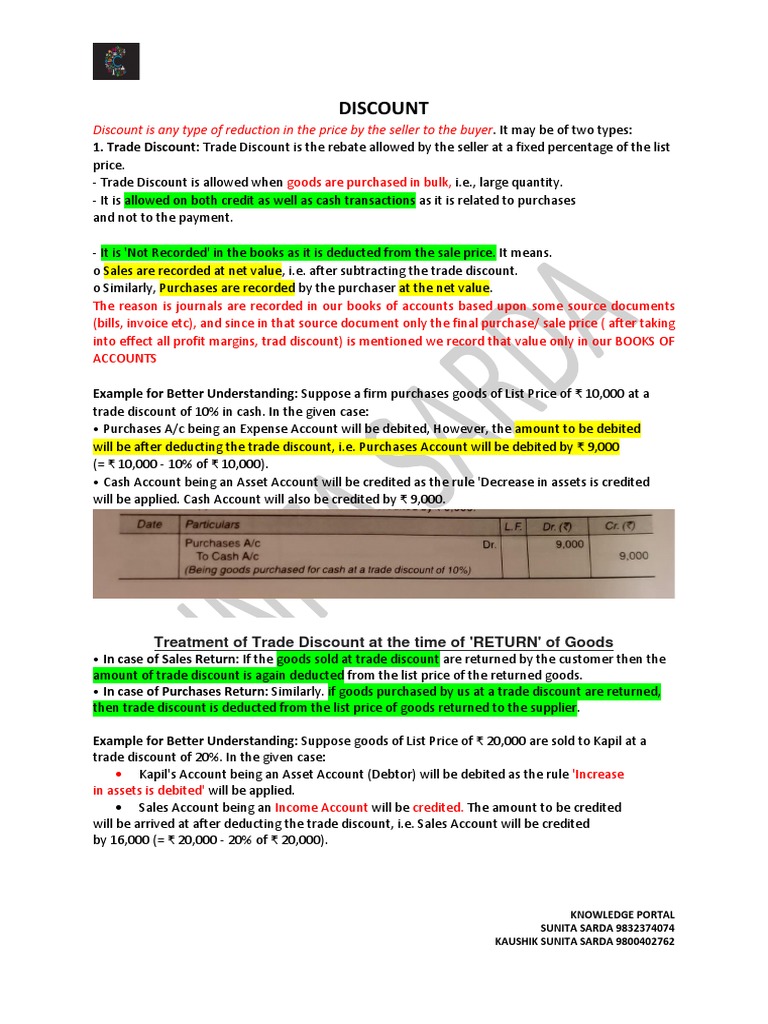Trade and Cash Discount Notes | PDF | Discounts And Allowances | Debits ...