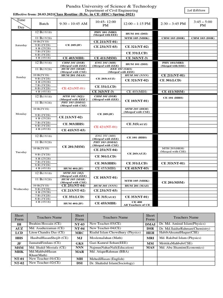 Class Routine (B.Sc. in CE (HSC) Spring-2021) : Department of Civil ...
