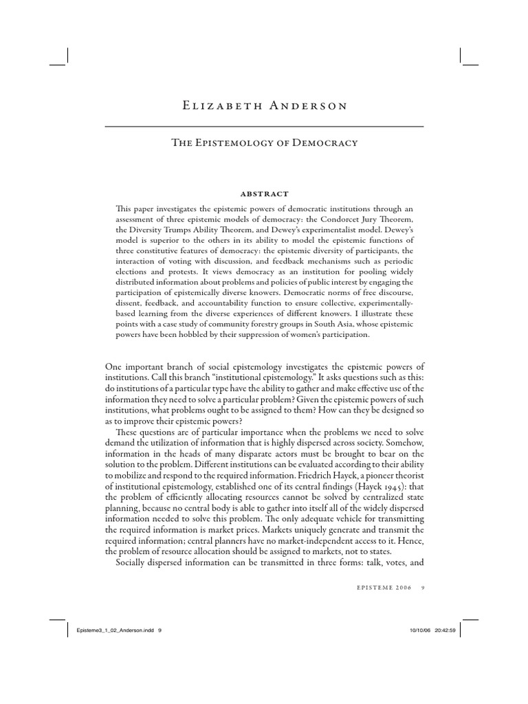 Elizabeth Anderson - The Epistemology of Democracy | PDF | John Dewey ...