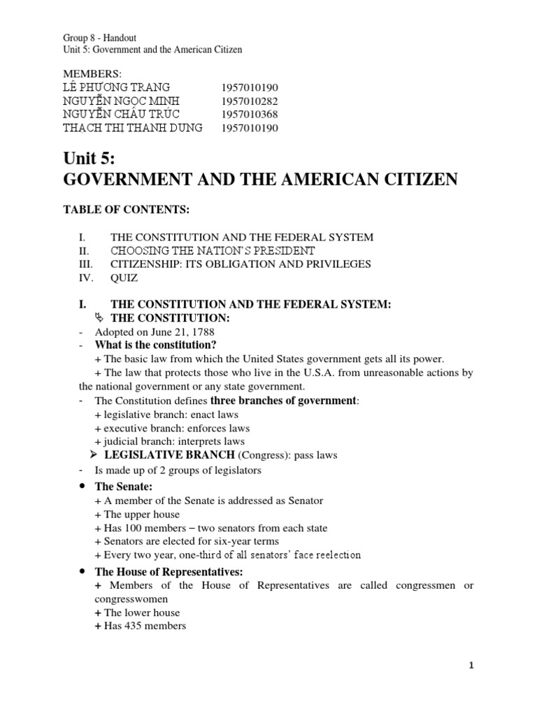 Unit 5: Government and The American Citizen: Table of Contents | PDF ...