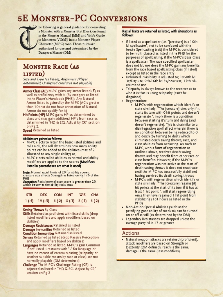 5E Monster - PC Conversion Guide | PDF | Role Playing Games | Dungeons ...