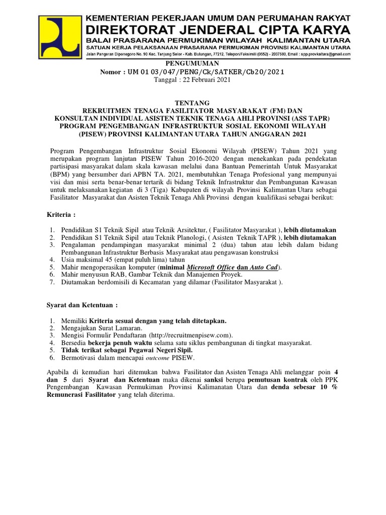 Pengumuman Rekrutmen FM Dan Asisten Tapr Pisew Kaltara 2021 | PDF