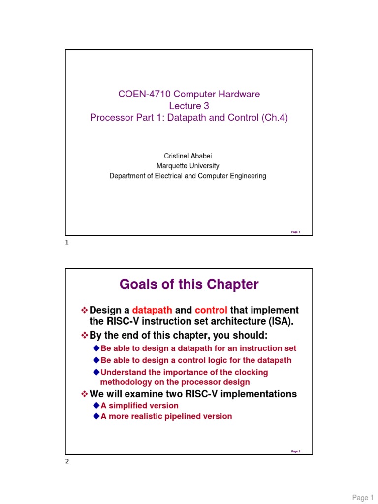 Goals of This Chapter: COEN-4710 Computer Hardware Processor Part 1: Datapath and Control (Ch.4 ...